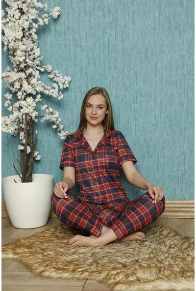 Kırmızı Ekosedesen Kısa Kollu Bayan Pijama Takım