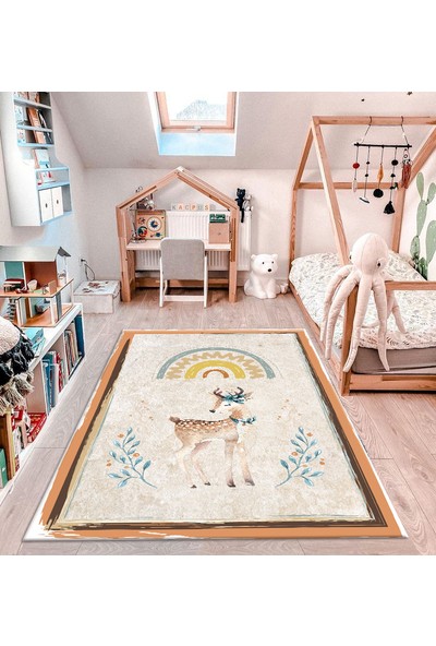 Jungle Halı Çerçeveli Alageyik Dijital Baskılı Çocuk Halısı