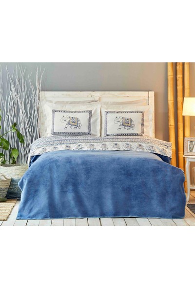 Karaca Home Aleka Indigo Çift Kişilik Pamuk Battaniyeli Uyku Seti