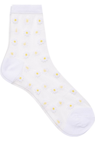 Mavi Kadın Papatya Desenli Beyaz Soket Çorap 198206-620