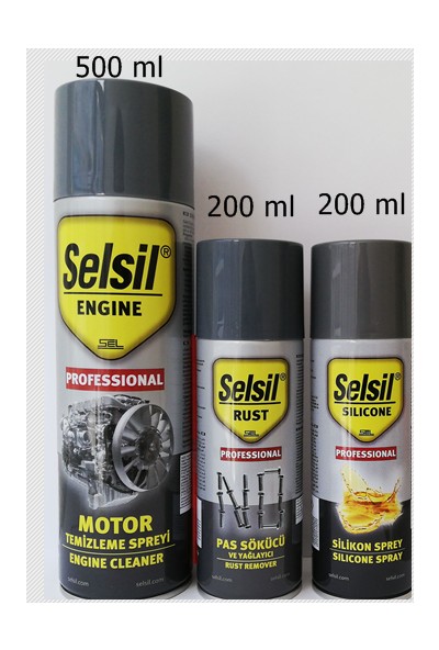 Selsil Motor Temizleme 500 ml / Pas Sökücü 200 ml / Silikon Sprey 200 ml Selsil Motor Temizleme 500 ml / Pas Sökücü 200 ml / Silikon Sprey 200 ml