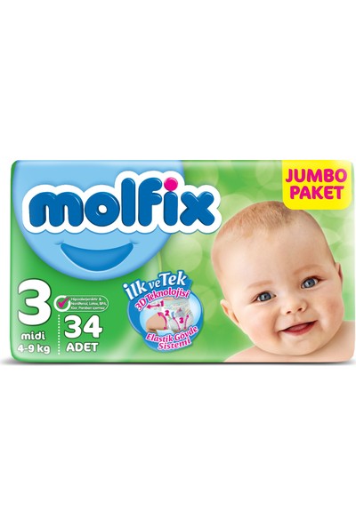 Molfix Bebek Bezi 4-9 kg - 3 Beden Jumbo Paket - 34 Adet Molfix Bebek Bezi 4-9 kg - 3 Beden Jumbo Paket - 34 Adet