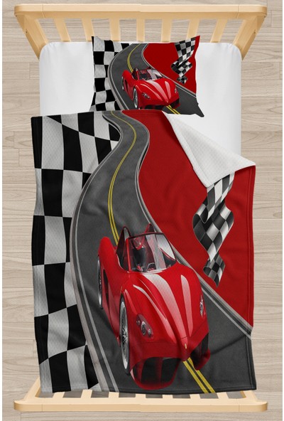 Else Kırmızı Yarış Arabalı Desenli Yatak Örtüsü Tek Kişilik Çocuk Pike Takımı