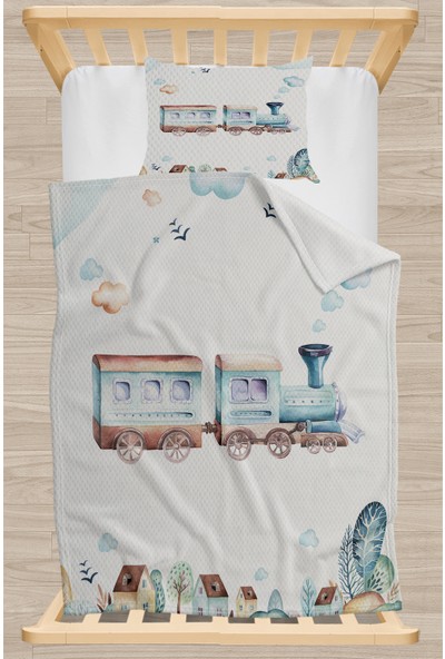 Else Mavi Tren Şehir Desenli Yatak Örtüsü Tek Kişilik Çocuk Pike Takımı