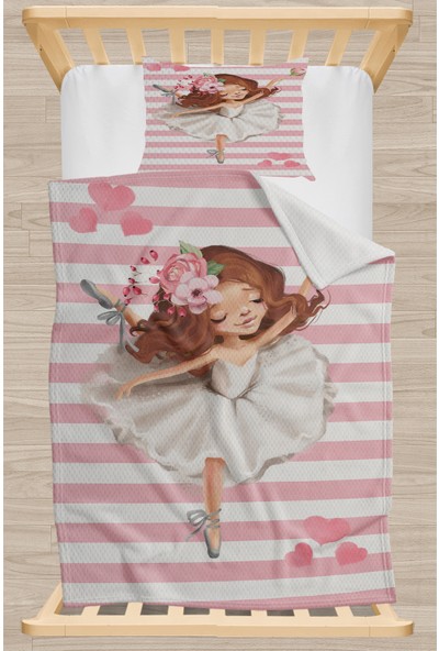 Else Pembe Çizgili Balerin Kız Desenli Yatak Örtüsü Tek Kişilik Çocuk Pike Takımı
