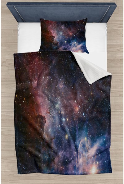 Else Uzay Gece Galaksi Yıldızlar Desenli Yatak Örtüsü Tek Kişilik Pike Takımı