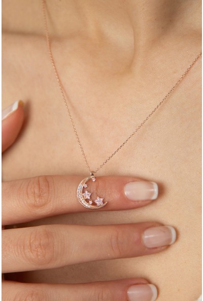 Elika Silver Kadın Taşlı Ay Yıldız Model Model 925 Ayar Gümüş Kolye