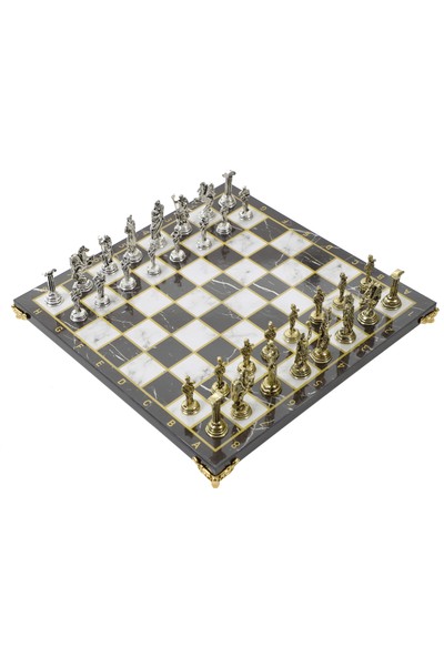 Elifeshop Esrma2 Metal Döküm Satranç Takımı Roma Senatosu & Özel Ayaklı Siyah Mermer Desenli Tahta