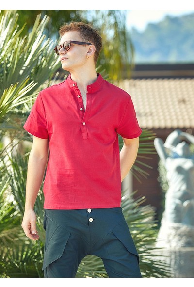 Clandestino Hakim Yaka Kısa Kollu Dar Kesim Gömlek Kırmızı