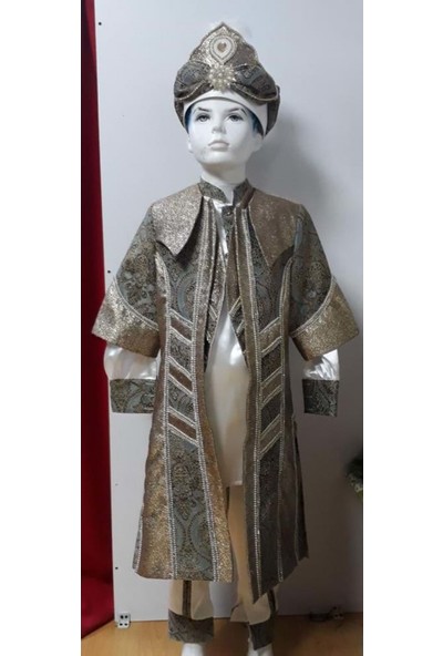 Başak Çocuk Giyim Yırtmaçlı Kaftan Takımı 5/12 Yaş - Yeşil Kahve - 8-9 Yaş