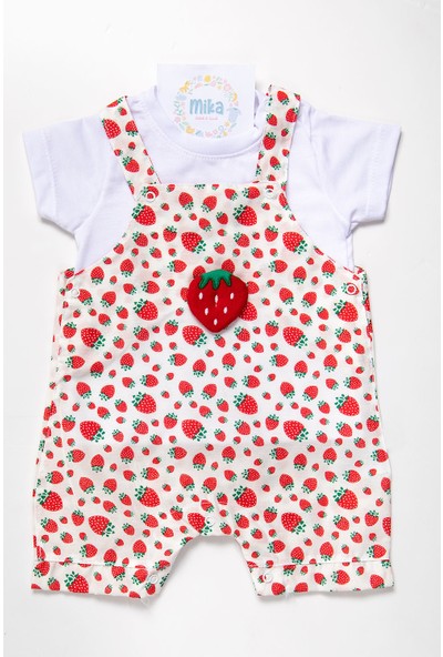 Mika Bebek Çilek Figürlü Yazlık Kız Bebek Salopet Takım Mika Bebek Çilek Figürlü Yazlık Kız Bebek Salopet Takım