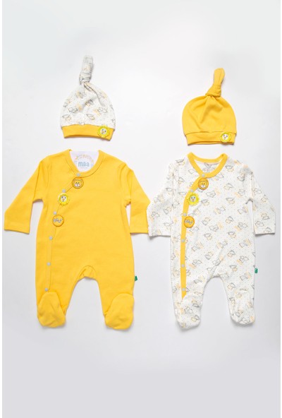 Mika Bebek Ayı Desenli Sarı Unisex 4 Parça 2 Set Şapkalı Tulum Takım Mika Bebek Ayı Desenli Sarı Unisex 4 Parça 2 Set Şapkalı Tulum Takım