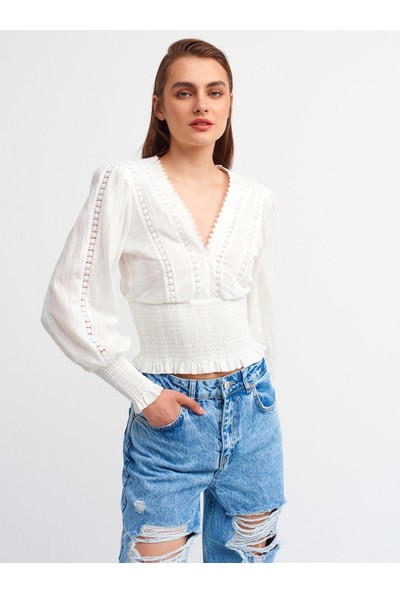 Dilvin 5856 Dantel Detaylı Bluz-Ekru