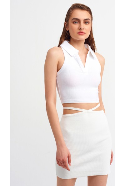 Dilvin 3699 Polo Yaka Crop Top-Beyaz