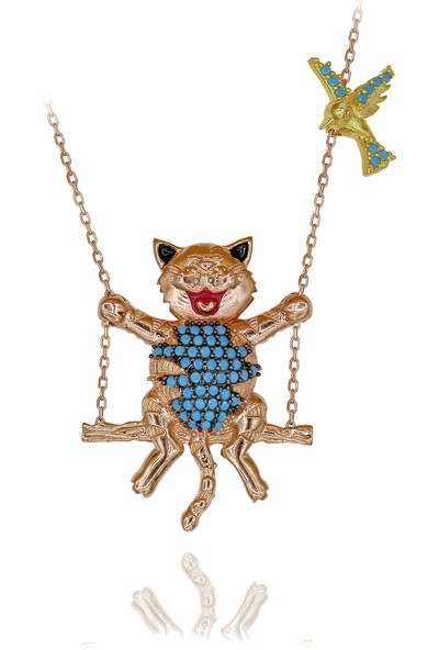 Takı Boom Turkuaz Taşlı Salıncakta Sallanan Kedi Gümüş Kolye