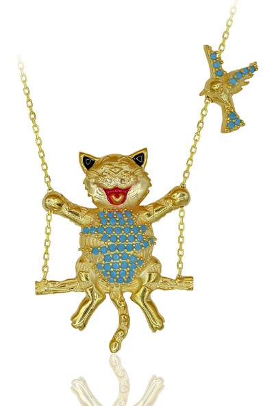 Takı Boom Turkuaz Taşlı Salıncakta Sallanan Kedi Gümüş Kolye