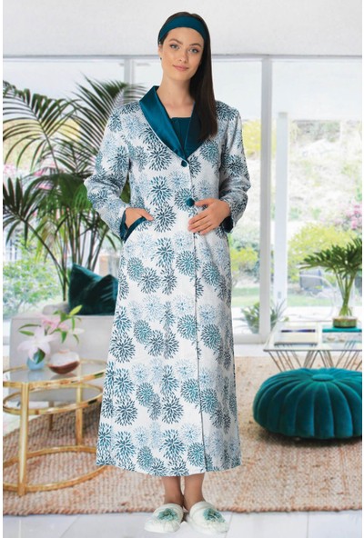 Mecit 5121 Petrol Yeşili Kadife Sabahlıklı Lohusa Gecelik Takım