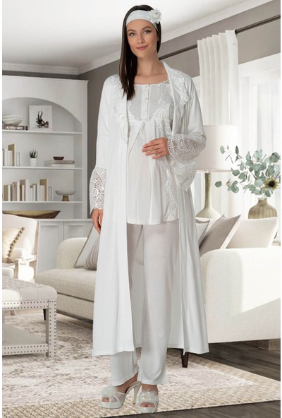 Mecit 5353 Ekru Sabahlıklı Lohusa Pijama Takımı Mecit 5353 Ekru Sabahlıklı Lohusa Pijama Takımı