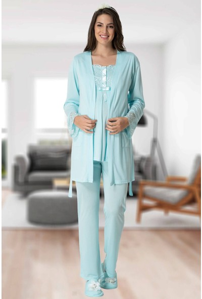 Mecit 5420 Turkuaz Sabahlıklı Dantel Detaylı Lohusa Pjama Takımı Mecit 5420 Turkuaz Sabahlıklı Dantel Detaylı Lohusa Pjama Takımı