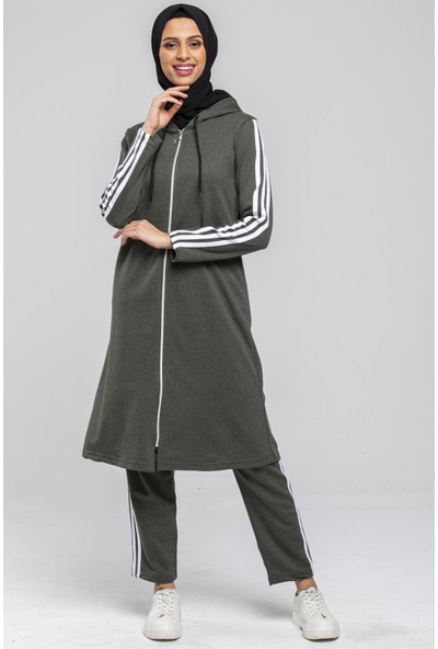 Cng Moda Kadın Tesettür Uzun Fermuarlı Haki Eşofman Takımı