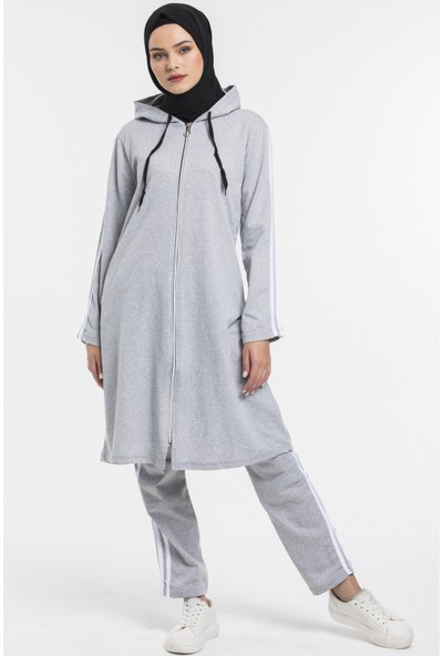 Cng Moda Kadın Tesettür Uzun Fermuarlı Gri Eşofman Takımı