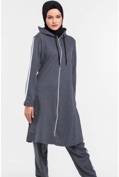 Cng Moda Kadın Tesettür Uzun Fermuarlı Füme Eşofman Takımı