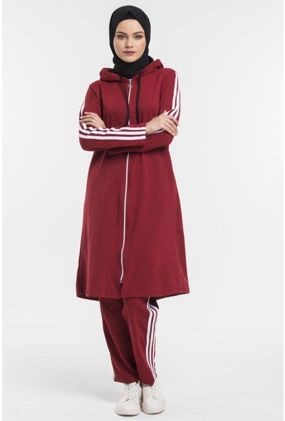 Cng Moda Kadın Tesettür Uzun Fermuarlı Bordo Eşofman Takımı