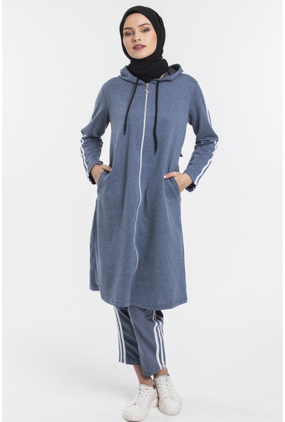 Cng Moda Kadın Tesettür Uzun Fermuarlı Indigo Eşofman Takımı