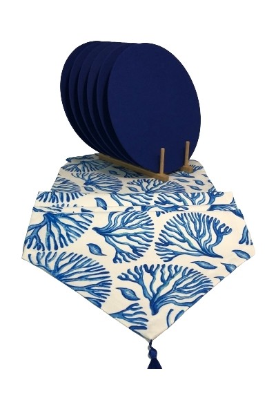 Desenİzmir Amerikan Servis 6'lı Supla ve Runner Örtü Seti Mavi Mercan Serisi