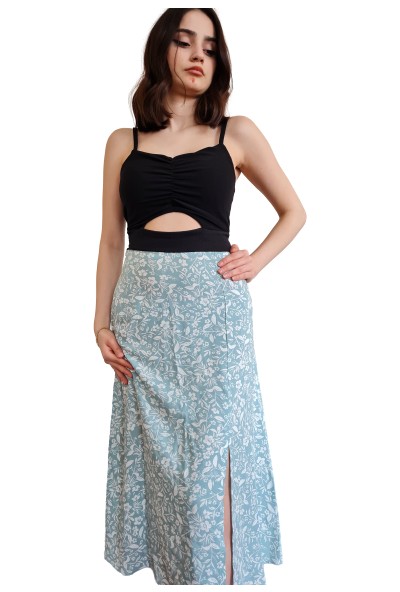 AC Collection Su Yeşili Beyaz Çiçekli Etek