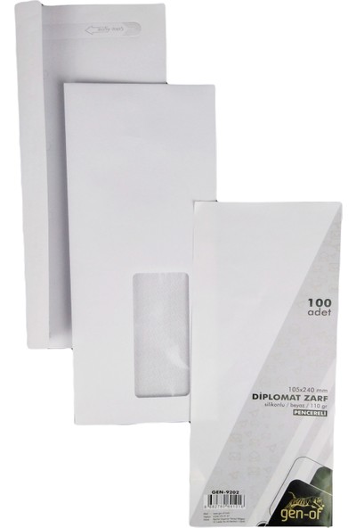 Gen-Of Pencereli Diplomat Zarf Silikonlu 105 x 240 mm 110 gr 100'LÜ Beyaz Gen-Of Pencereli Diplomat Zarf Silikonlu 105 x 240 mm 110 gr 100'LÜ Beyaz