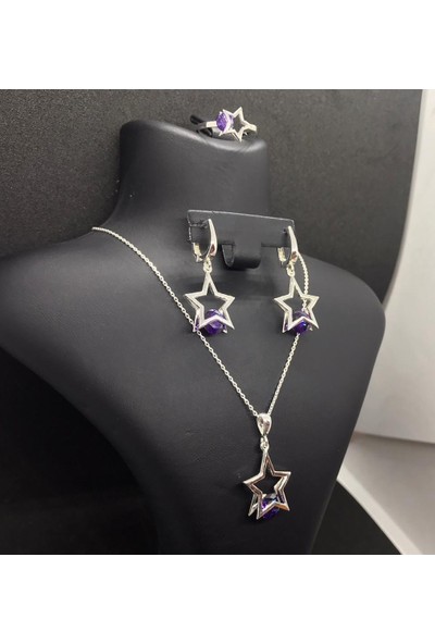 Gülüş Gümüş Ametist Taşlı Yıldızlı Takı Seti