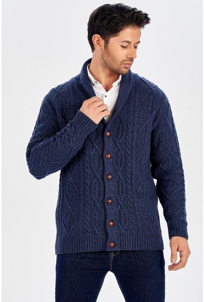 Peraluna Lacivert Şal Yaka Yünlü Erkek Triko Hırka