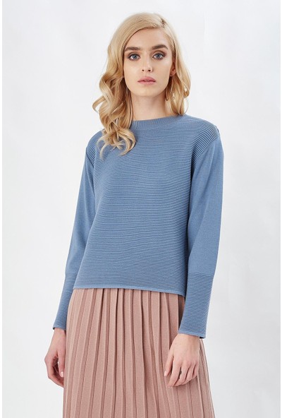 Peraluna Mavi Renk Bisiklet Yaka Krop Kadın Triko Bluz