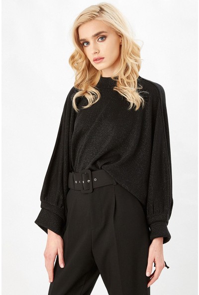Peraluna Siyah Renk Kolağzı Büzgülü Simli Salaş Kadın Triko Bluz