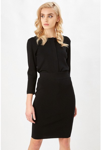 Peraluna Siyah Renk Diz Altı Ajurlu Triko Kalem Etek