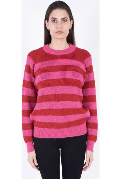 Peraluna Kırmızı Pembe Çizgili Reglan Kol Kadın Triko Kazak
