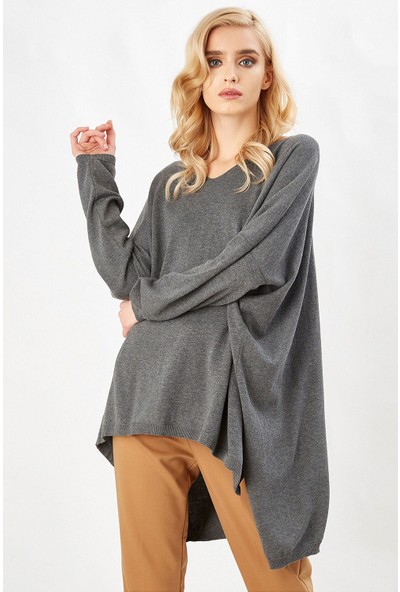 Peraluna Gri Melanj V Yaka Yırtmaçlı Bol Kadın Triko Tunik