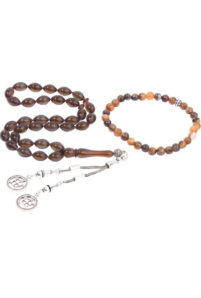 Som Gümüş & Tesbih 925 Ayar Gümüş Bmw Amblem Püsküllü Ateş Kehribar Tesbih ve Kaplan Gözü Bileklik