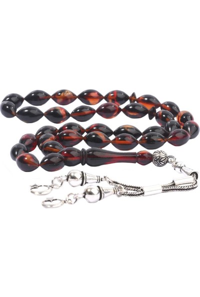 Som Gümüş & Tesbih 925 Ayar Gümüş Ay Yıldız Püsküllü Ateş Kehribar Tesbih