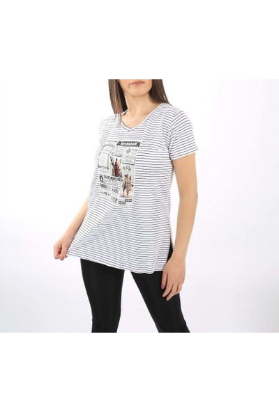 Fahrettin Moda Beyaz Çizgili Dijital Baskılı V Yaka T-Shirt
