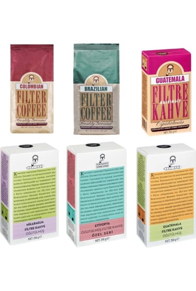 Mehmet Efendi Filtre Kahve 250 gr 6'lı Set Colombian, Guatemala, Brazilian ve Özel Seri Mehmet Efendi Filtre Kahve 250 gr 6'lı Set Colombian, Guatemala, Brazilian ve Özel Seri