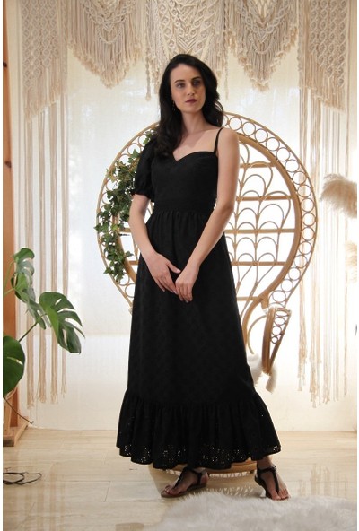 Nur Oskay Siyah Fisto Kumaş Maxi Boy Elbise