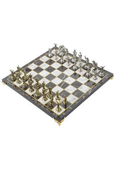 Elifeshop Eszsa2 Metal Döküm Satranç Takımı Zeus Ordusu & Özel Ayaklı Siyah Mermer Desenli Tahta