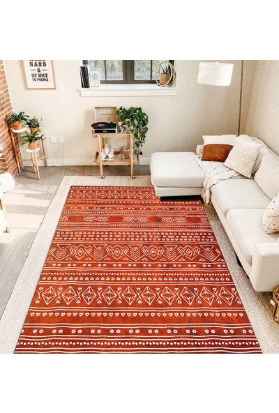 Jungle Halı Kırmızı Tabanlı Beyaz Etnik Desenli Dijital Baskılı Halı
