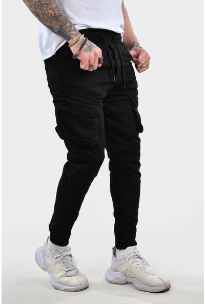 Deepsea Siyah Bel Paça Biyeli Bağcıklı Kargo Cepli Pantolon 2100012