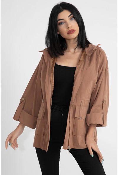 VprModa Kolu Katlamalı Beli Büzgülü Kadın Fermuarlı Trençkot