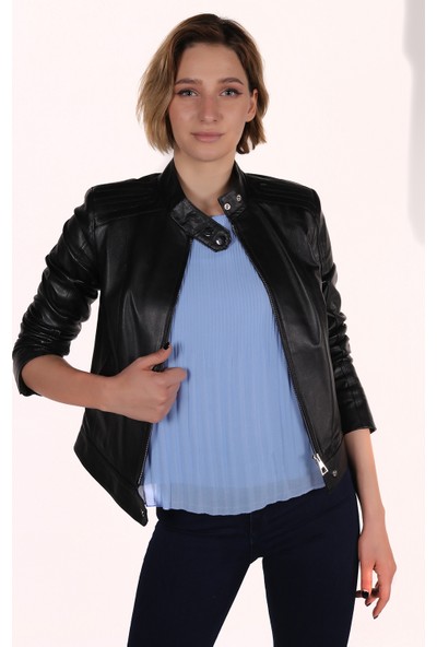 Woog Cristina Model Kadın Siyah Hakiki Deri Ceket Woog Cristina Model Kadın Siyah Hakiki Deri Ceket