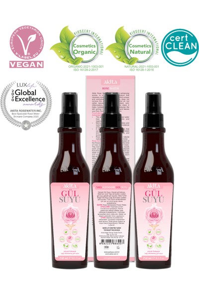 Akita % 100 Doğal Yağı Alınmamış Gül Suyu 3X250mL Akita % 100 Doğal Yağı Alınmamış Gül Suyu 3X250mL