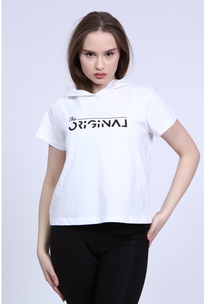 Neslice Kadın Beyaz Kapüşonlu Kısa Kol T-Shirt